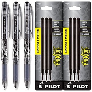 Pilot Frixion Point Gel Ink Stick Pens, Erasable, Extra Fine Point 0.5mm, Black Ink, Pack of 3 with Bundle Refills