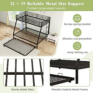 Giantex Twin Over Full Bunk Bed with Trundle, Heavy-Duty Metal Triple Bunk Beds w/Two Side Ladders & Safety Guard Rail, 3 in 1 Bunk Beds for Kids Teens, No Box Spring Needed, Black