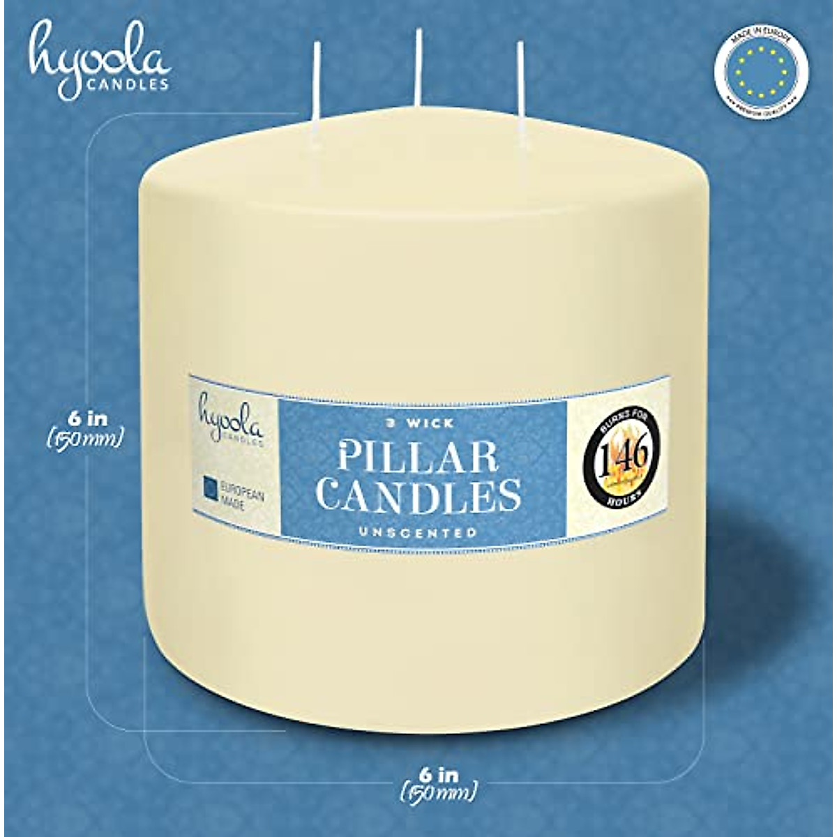 HYOOLA Ivory Three Wick Large Candle - 6 x 6 Inch - Unscented Big Pillar Candles - 146 Hour - European Made