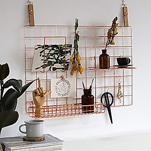 FRIADE Rose Gold Metal Wire Wall Grid Panel for Photo Display,Display Ledge,Wall Organizer for Living Room,Bedroom，10 Metal Clips&2 Leather Straps&3 Nails Offered,Set of 1 (Rose Gold:25.5”x17.7”)