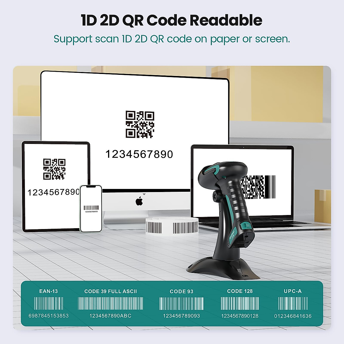 Anyeast Wireless Barcode Scanner with Stand, Industrial 1D 2D QR Bluetooth Barcode Scanner for Android, iOS, Windows, Mac, USB Bar Code Reader Scanner with Drop Resistant Dustproof Waterproof