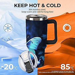 Blue Butterfly Insulated Stainless Steel Travel Mug, 40 Oz Tumbler with Handle And Straw Double-Wall Vacuum Coffee Cup, Leak-Proof Lid, Keeps Drinks Hot/Cold for Hours