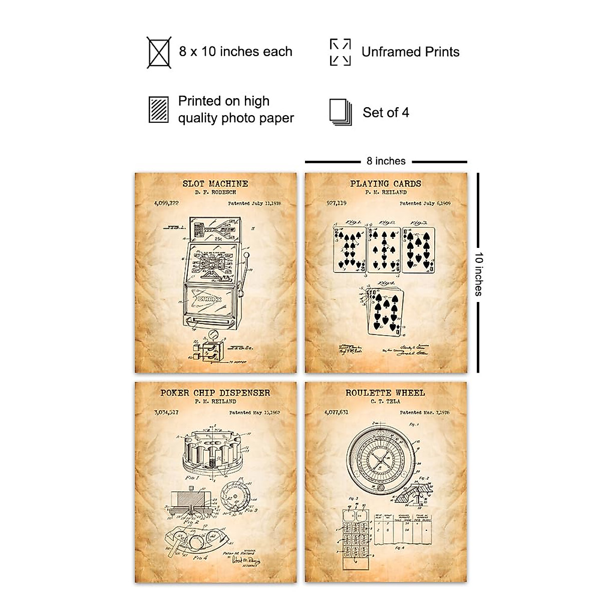 Las Vegas Gambling Patent Art Prints Vintage Wall Art Poster Set - Chic Rustic Home Decor for Game Room, Office, Man Cave - Gift for Poker, Roulette, Blackjack, Slot Machine Fans, 8x10 Photo Unframed