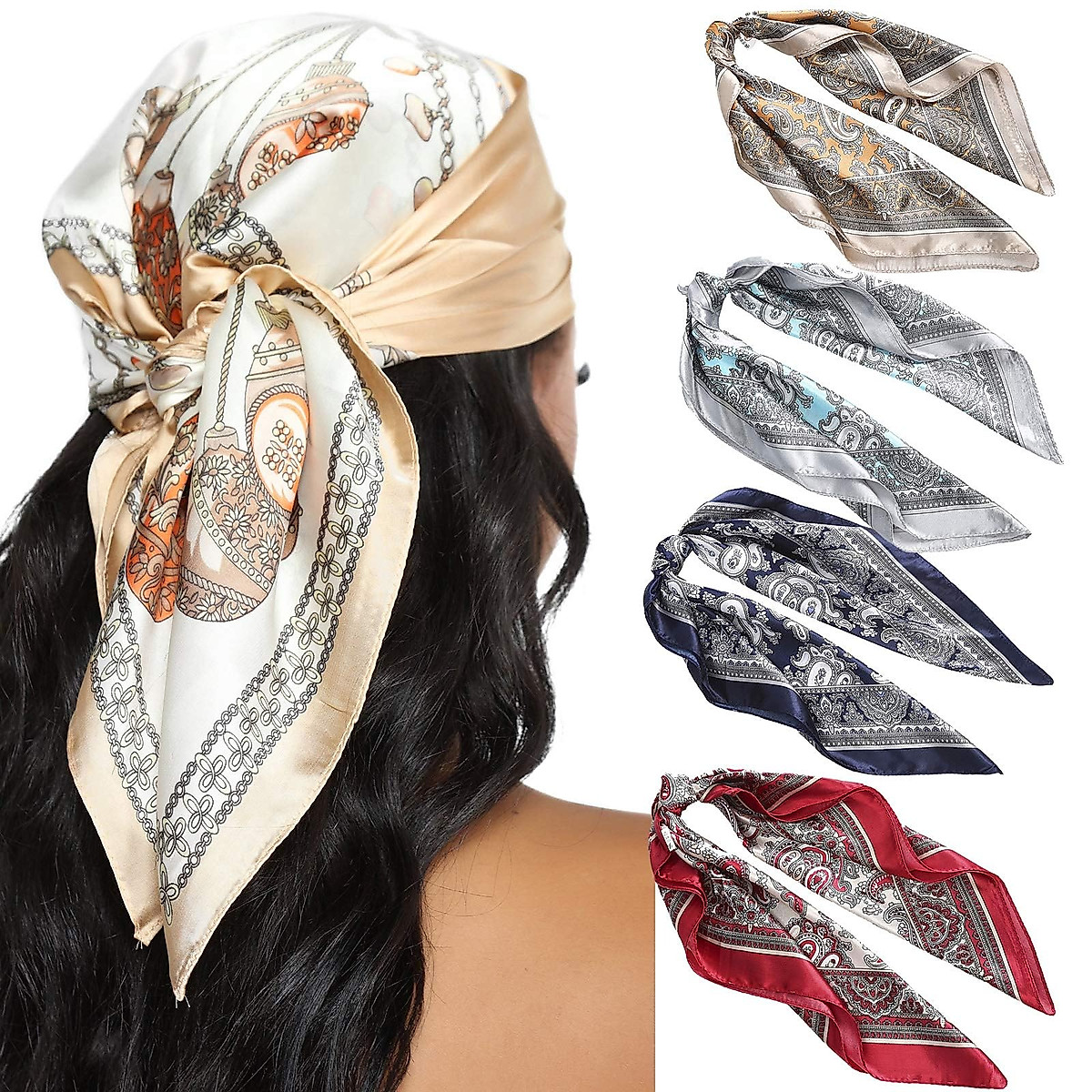 AWAYTR 23 Inches Satin Head Scarves for Women 4PCS Square Silk Like Hair Scarves Silk Hair Bandanas (Cashews (dark blue/red/light blue/khaki)