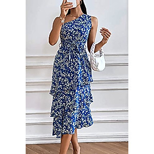 PRETTYGARDEN Women's Summer Floral Sundress Casual One Shoulder Tiered Ruffle Flowy Midi Beach Boho Dresses (Floral Royal Blue White,Medium)