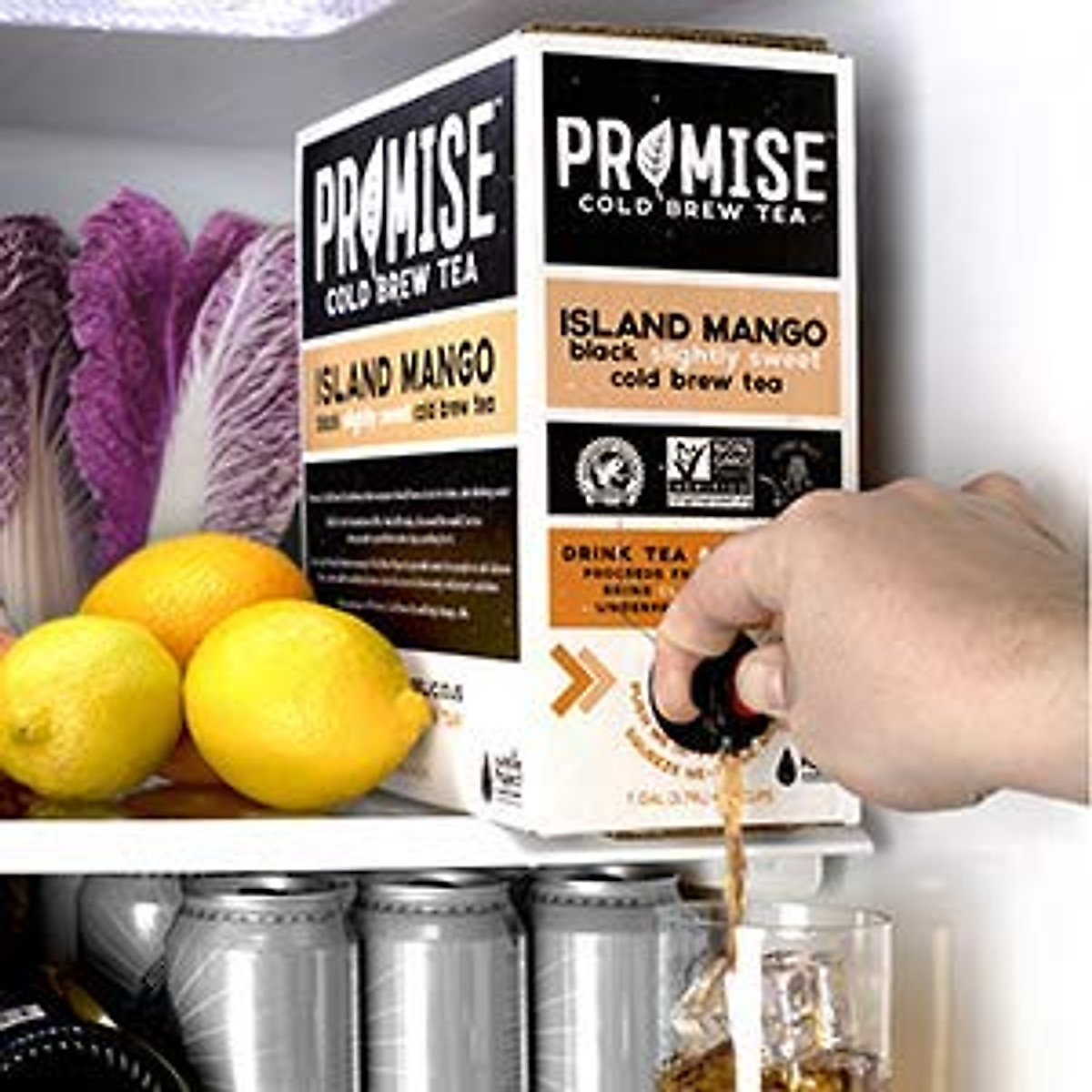 Promise Beverages Slightly Sweet Island Mango Cold Brew Tea On Tap (1 Gallon / 128 fluid ounces) Rainforest Alliance Certified Bag In Box Liquid, Ready To Drink Sweetened with Stevia