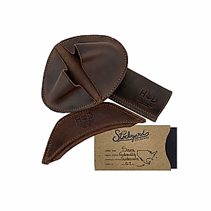 Hide & Drink, Rustic Leather Hot Handle Holders (Set of 3) Panhandle, Side Kick, Assist Grip for Cast Iron Skillets & Pans, Double Layered, Handmade Includes 101 Year Warranty :: Bourbon Brown