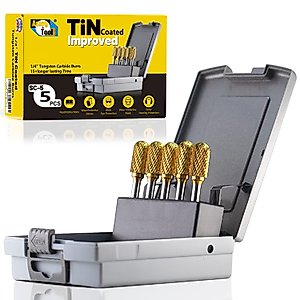 SC-5 5pcs Tungsten Carbide Burr TiN Rotary File Cylindrical Shape with Radius End Double Cut with 1/4''Shank for Die Grinder Drill Bit