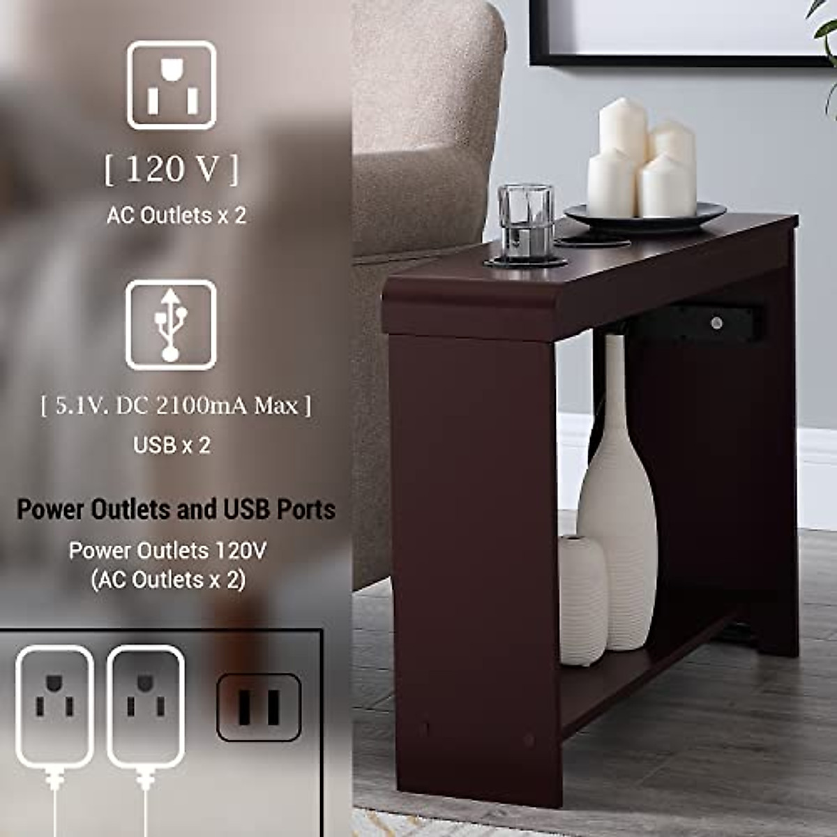 Jade Modern Nightstand with Charging Station | End Table with USB Ports & Outlets | Narrow Side Table for Bedroom & Living Room - Espresso