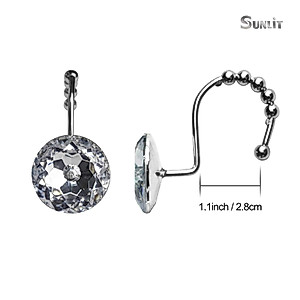 Sunlit Luxury Design Round Clear Diamond Crystal Gem Bling with Glide Balls Shower Curtain Hooks, Rust Proof Metal Rhinestones Glam Shower Curtain Rings-12 Pack