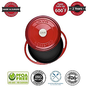 LAVA 3.7 Quarts Cast Iron Dutch Oven: Multipurpose Stylish Round Shape Dutch Oven Pot with Three Layers of Enamel Coated with Trendy Lid (Red)