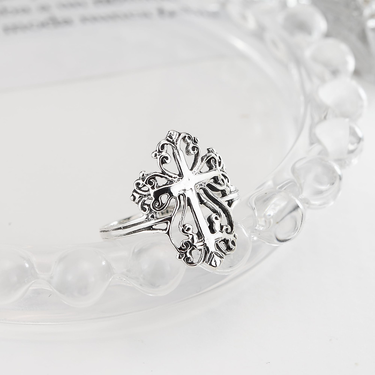 AeraVida Victorian Swirl Cross Hidden Heart Sterling Silver Ring | Elegant Patterned Silver Ring for Women | Vintage Statement Ring Gift | Size (7)