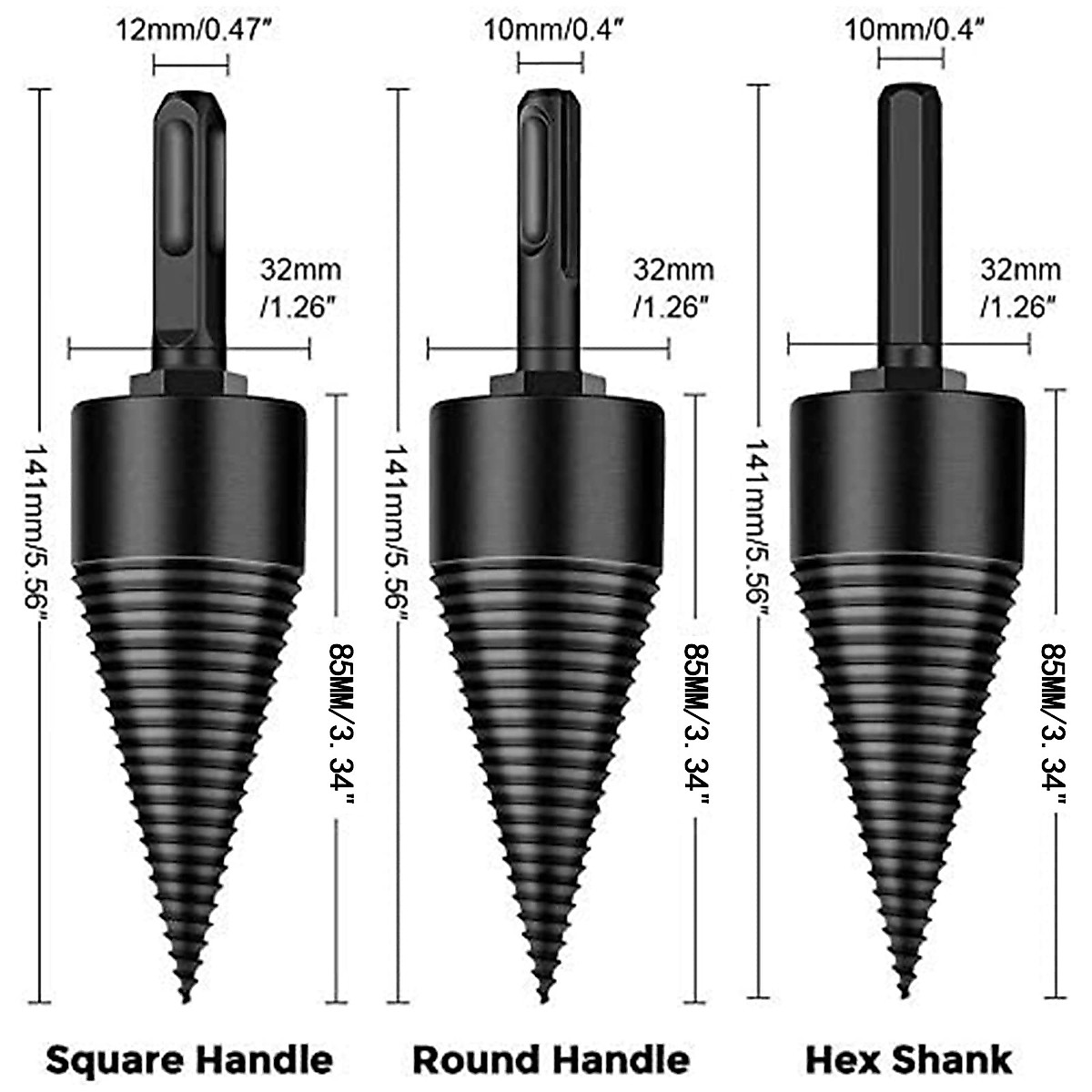 HENGZHE Firewood Log Splitter, 3pcs Drill Bit Removable Cones Kindling Wood Splitting logs bits Heavy Duty Electric Drills Screw Cone Driver Hex + Square + Round 32mm/1.26inch