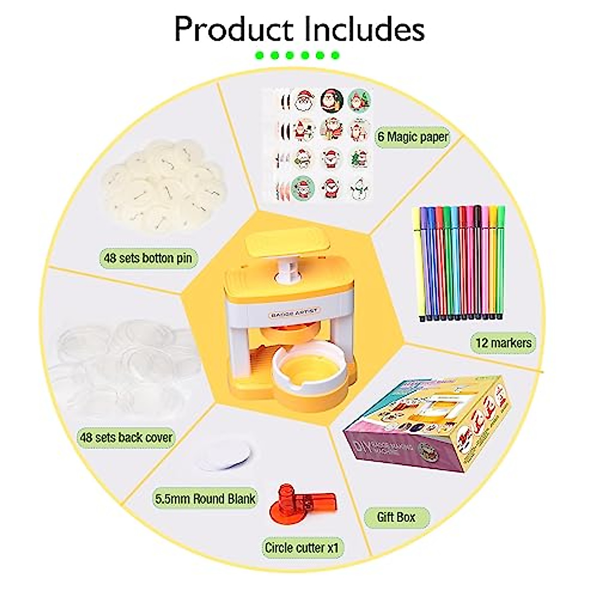 Newest Badge Maker for Kids, 55mm (2.16in) DIY Pin Button Maker Press Machine Badge Punch Kit with 48pcs Button Parts & Pictures & Circle Cutter Gifts Installation-free