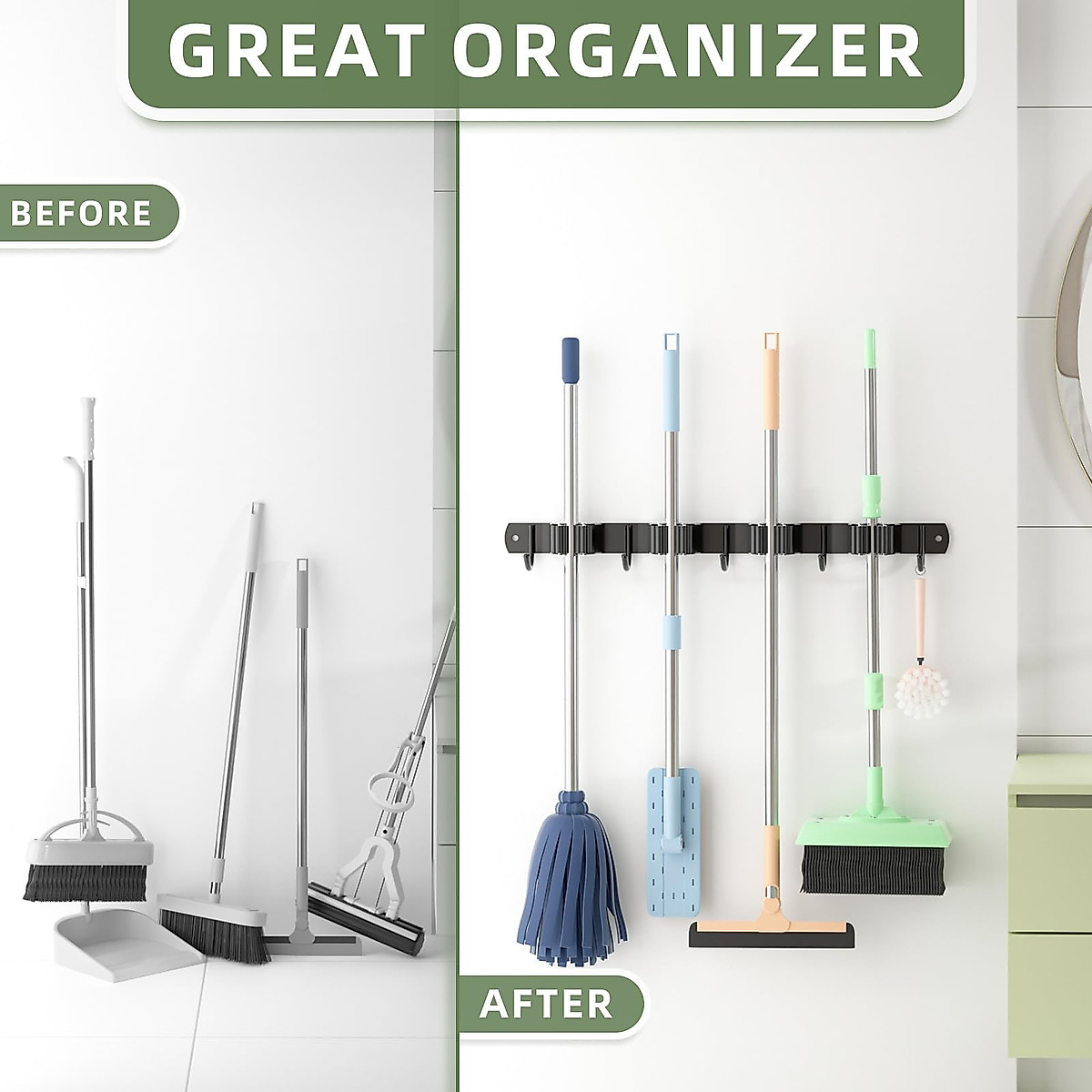 Batur 2 Pack Broom Holder Wall Mount, Upgraded Broom Holder, Heavy Duty Mop and Broom Holder Wall Mount, Super Anti-Slip 4 Racks 5 Hooks Broom Hanger Organizer for Home Kitchen Garden Laundry Garage