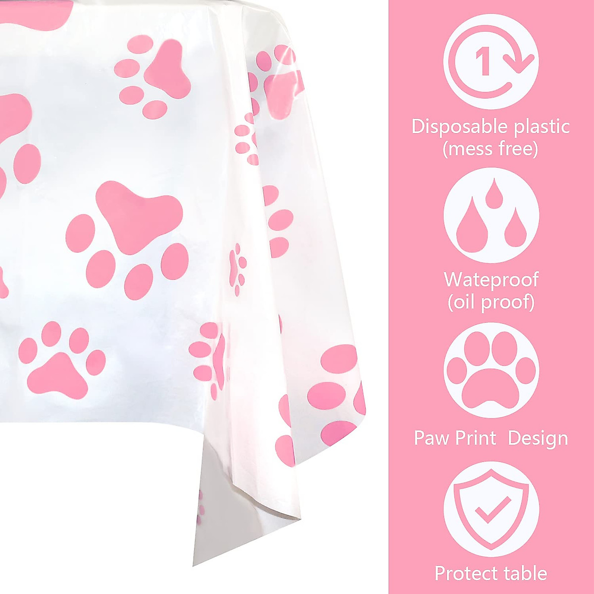 KEFAN 4 Pack Puppy Dog Pet Paw Print Plastic Tablecloth Table Cover Pink Paw Birthday Party Decorations Dog Party Decorations, Puppy Party Supplies for Dog Cat Birthday Party (51 Inch x 86 Inch) (4)