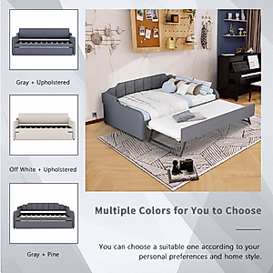 LUSPAZ Upholstered Elegant Daybed with Adjustable Pop Up Trundle and USB Charging Design, Full Size Sofa Bed with Button Design, Wood Slat Support Daybed for Family, Teens, (Gray + Pine)
