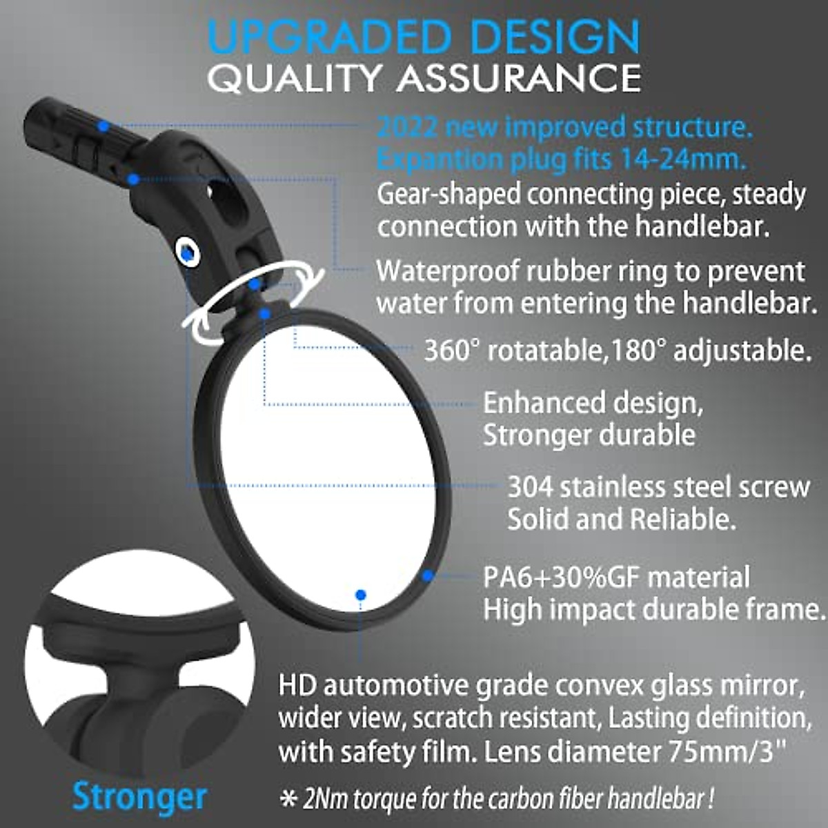 BriskMore Bike Handlebar Mirror,HD Glass Convex Lens Bicycle Rearview Mirror,2PCS Cycling Rear View Mirror, Adjustable Handlebar Wider View Bicycle Mirror for Scooter Road Mountain Bikes