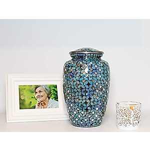 Mosaic Glass Cremation Urn - Hand Made Funeral Urn for Human Ashes - Large Adult Size Burial Urn - Aluminum with Hand applies Individual Tiles Create a one of a Kind Work of Art - 200 cu in (Blue)