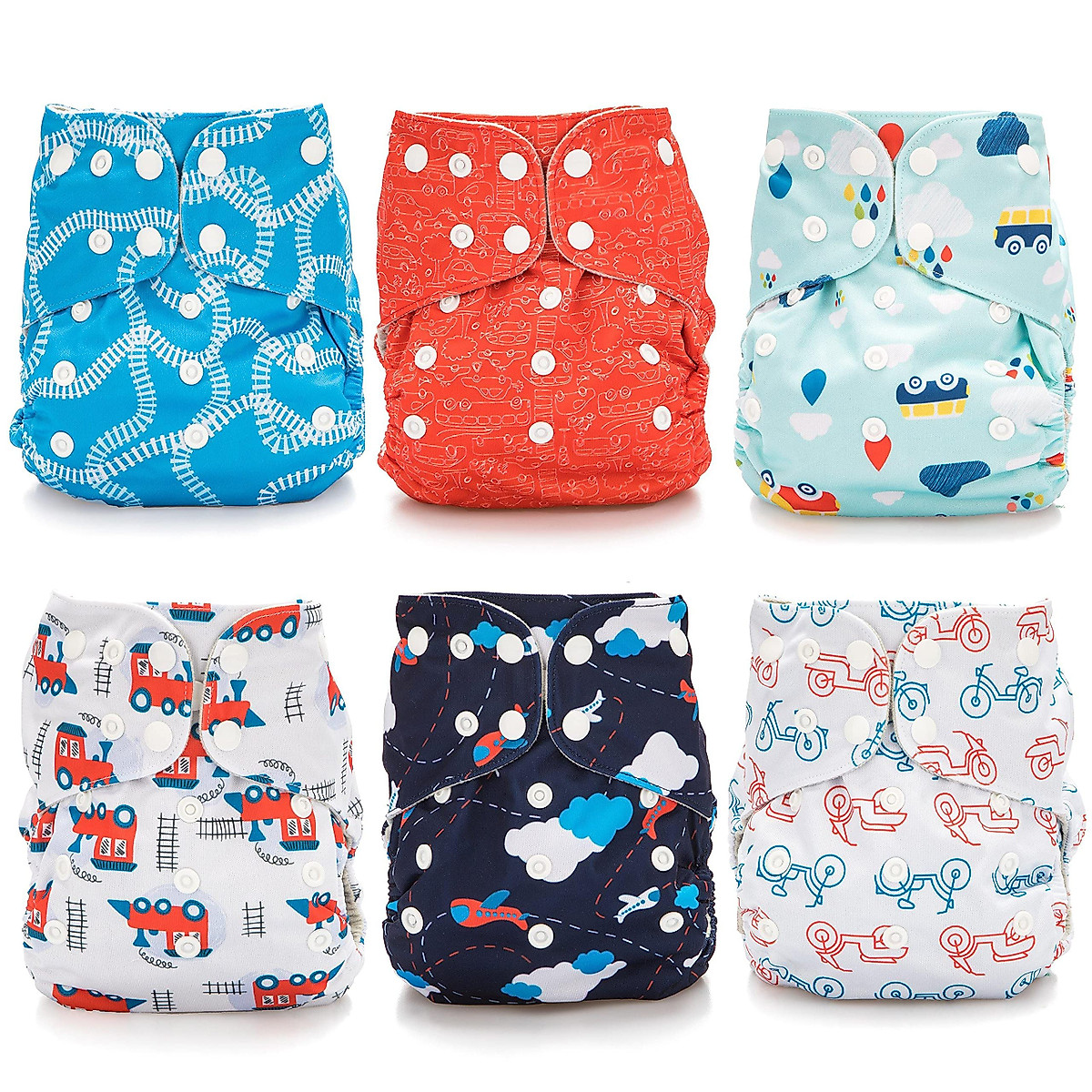 Simple Being Reusable Cloth Diapers, One Size Adjustable, Washable Soft Absorbent, Waterproof Cover, Eco-Friendly Unisex Baby Girl Boy, six 4-Layers Microfiber Inserts (Planes/Trains)