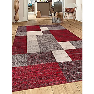 Modern Boxes Design Non-Slip (Non-Skid) Area Rug 5 X 7 (5' 3" X 7' 3") Red