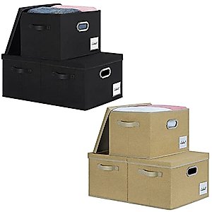 LHZK Large Storage Bins with Lids 6 Pack, Linen Fabric Storage Boxes with Lids, Foldable Storage Baskets with 3 Handles and Label Window for Shelves Bedroom Closet Office (15x11x9.6,Black,Beige)