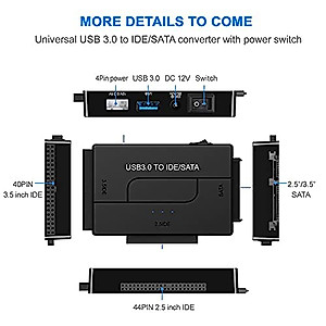 USB 3.0 to SATA IDE Hard Drive Reader, YINNCEEN External Hard Drive Ultra Recovery Converter Universal Hard Drive Adapter Kit for 2.5/3.5 HDD/SSD Hard Drive Disk, Include 12V/2A Power Adapter