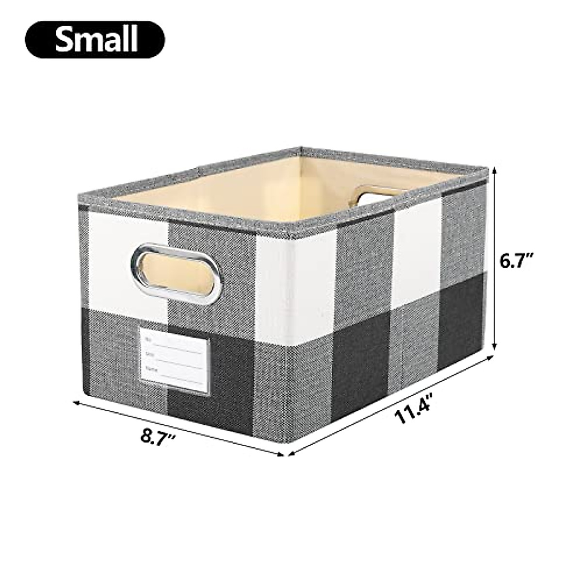 LaMorée Storage Bin Cotton Linen Fabric Basket Box Washable Foldable Decorative Rectangular Container with Handles Label Window Thick PP Plastic Board For Nursery Home Office - Black Plaid, Small Size