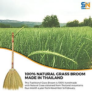 SN SKENNOVA Asian Broom for Cleaning Floor/Handheld Household Broom for Outdoor and Indoor : House Broom - Hardwood Sweeper with Brush Power and Circle Cleaning (Thai Pattern 2, Blue 2)