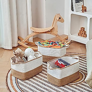 R RUNKA Cotton Rope Storage Basket (15"x10.2"x9.1") - Rectangle Storage Bins - Versatile Toy Storage Organizer - Perfect for Kids, Dog Toys, Books, Shelves - White & Khaki