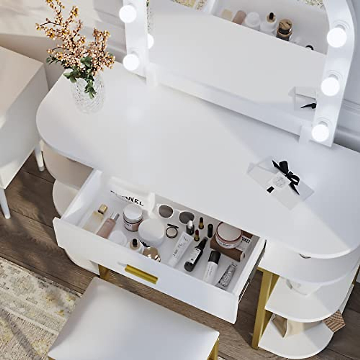 Semiocthome White Vanity Mirror with Lights and Table Set with Drawers, 9 LED Lights Makeup Vanity Desk with Stool, Girls Vanity Table with 6 Shelves, Gold Metal Frame Dressing Table with Chair