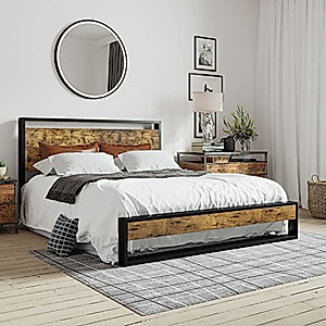 SHA CERLIN Queen Size Modern Bed Frame with Wooden Headboard, Heavy Duty Metal Platform Bed, No Box Spring Needed, Noise-Free, Rustic Brown