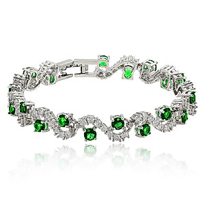Crystalline Azuria Tennis Bracelet with Green Simulated Emerald Zirconia Crystals 18K White Gold Plated for Women