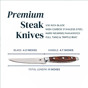 The Dinner Pony Serrated Steak Knives Set of 6 - Wooden Handle, Full Tang and Triple Riveted Design in Gift Box - Pakka Wood and High Carbon Stainless Steel