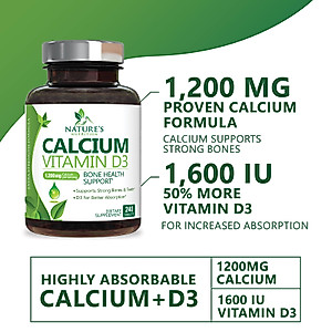 Calcium 1200 mg Plus Vitamin D3, Bone Health & Immune Support - Nature's Calcium Supplement with Extra Strength Vitamin D for Extra Strength Carbonate Absorption Dietary Supplement - 240 Tablets