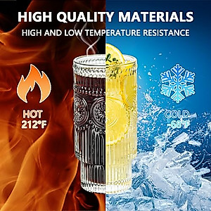 SoulTimes 4 Pack Large 16oz Ribbed Glassware Set, Flower Design Stackable Glass Cups, Vintage Textured Clear Striped Drinking Glasses Set, for Bar Beverages,Juice,Water,Cocktail,Iced Coffee