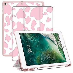 Deokke Compatible with iPad 6th/5th Generation Case(2018/2017) iPad Air 2/Air 1 Case,iPad 9.7 inch Case with Pencil Holder and Soft TPU Back Case,Auto Sleep/Wake Cover-Pink Cow Western