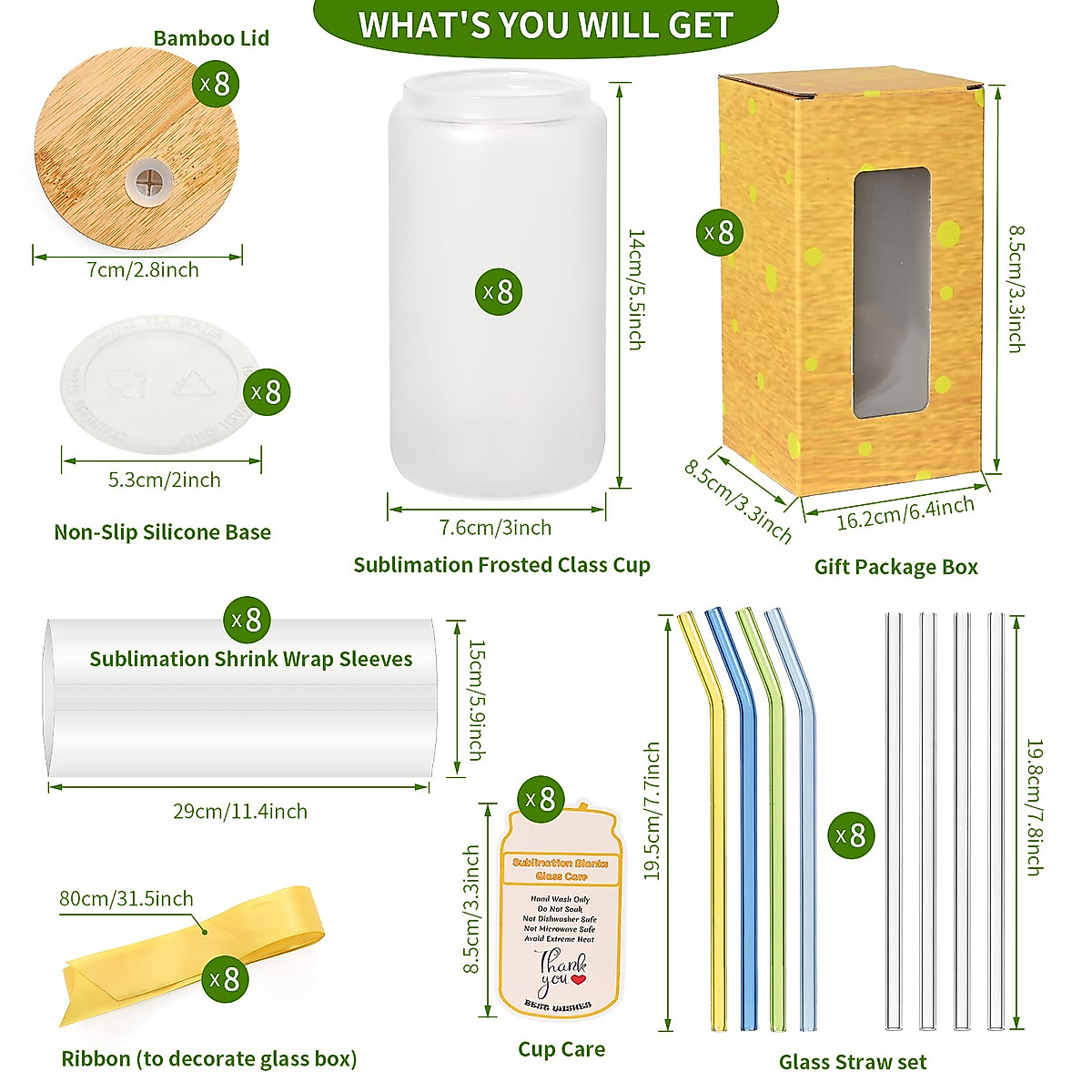 KIDJFGG Sublimation Glass Blanks With Bamboo Lid, 8pack 16OZ Frosted Sublimation Beer Can Glass with Glass Straws Gift Box Mason Jar Cups Mug Travel Tumbler for Beer, Juice, Soda, Iced Coffee, Drinks