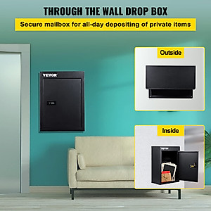 VEVOR Through The Wall Drop Box, 12.5''x6.3''x16.9'' Mail Drop Box w/Adjustable Chute, Deposit Drop Box w/Code Lock, Rainproof Wall Mount Mailbox for Letters, Rents, Check & Keys, Home & Office, Black
