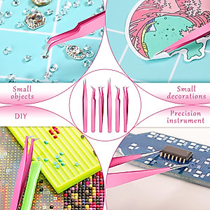 6-Pack Eyelash Extension Tweezers, Stainless Steel Straight Curved Tip Tweezers Single Eyelash False Eyelash Application Tools(Pink)