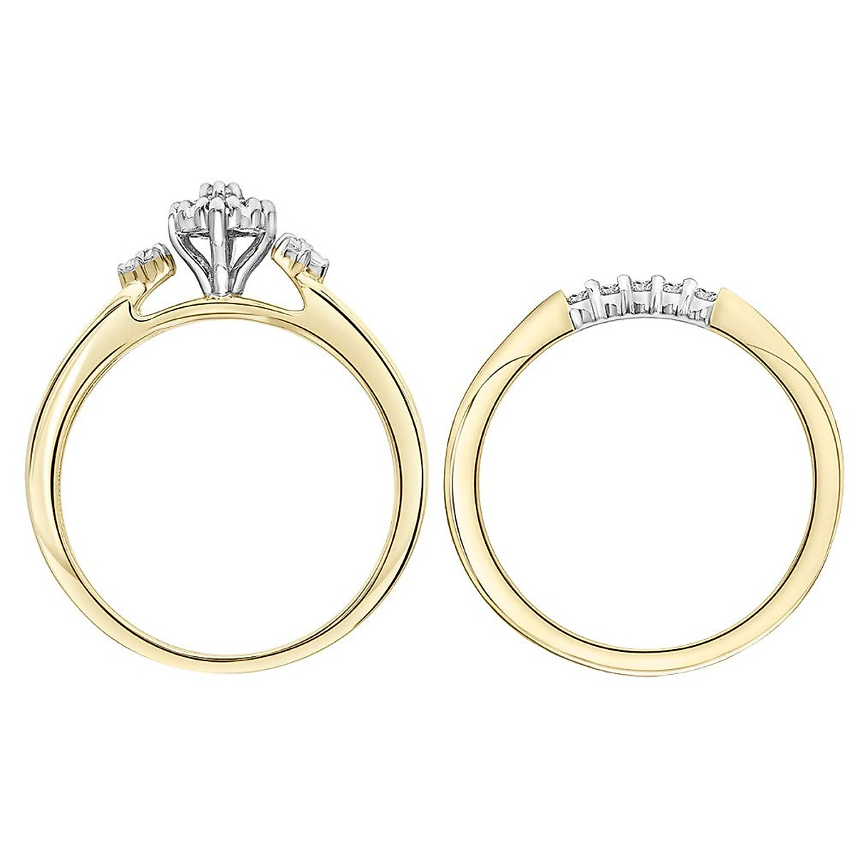 Brilliant Expressions 10K Yellow and White Gold 1/8 Cttw Conflict Free Diamond Marquise Halo Cluster Grooved Band Bridal Set (I-J Color, I2-I3 Clarity), Size 7