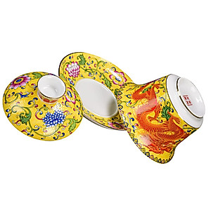 YARNOW Chinese Porcelain Teacup, 1Set of Gaiwan Tureen Cover Bowl Lip Cup Saucer Tea with Lid, Yellow Dragon