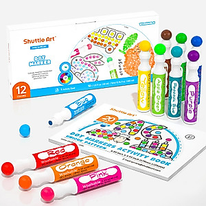 Shuttle Art Dot Makers, 12 Colors Bingo Daubers with 20 Unique Patterns of Dot Book for Toddler Art Activities, Non-Toxic Washable Coloring Markers for Preschool Kids Learning