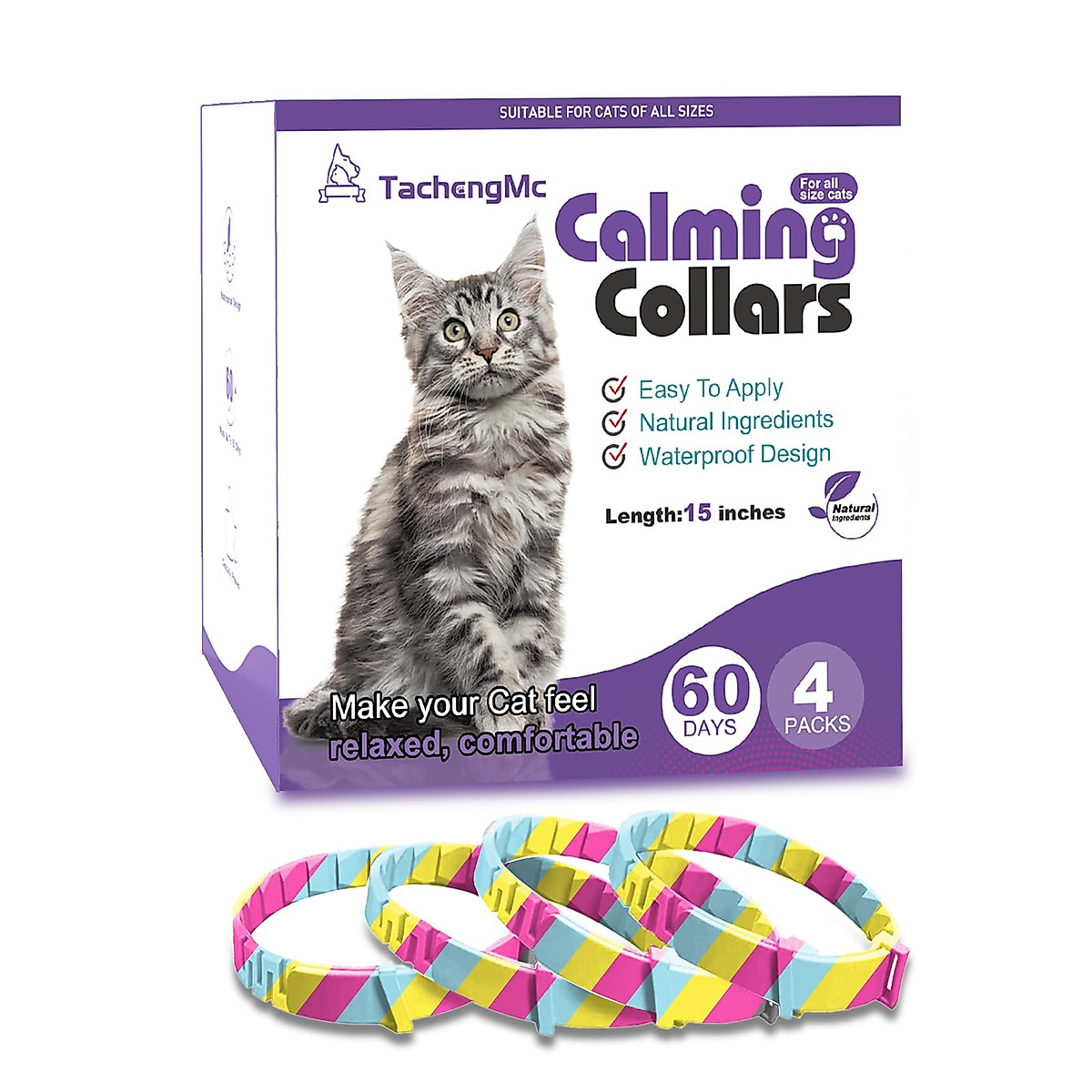 TachengMc 4 Pack Calming Collar for Cats, Cat Collars Efficient Relieve Reduce Anxiety Stress，Make Comfortable Relaxed，Pheromones Collar, Cat Calming Collar Kitten Supplies, Lasting 60 Days, Rainbow