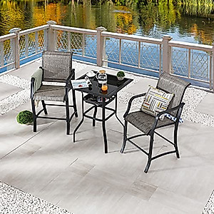 LOKATSE HOME Patio Bar Set 3 Piece Counter Height Stools Glass Top Tempered Tesilin Conversation Dining Furniture, Grey