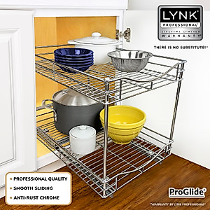 LYNK PROFESSIONAL® Pull Out Cabinet Organizer, Double - Slide Out Pantry Shelves - Sliding Storage for Inside Kitchen Cabinet or Under Sink - Roll Out Drawer for Pots, Pans - 14" x 21" Deep - Chrome