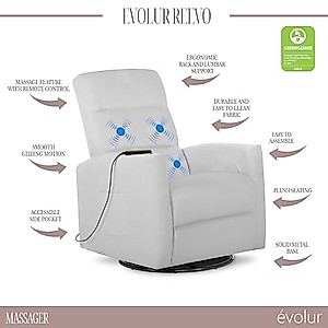 Evolur Reevo Upholstered Faux Leather Seating Glider Swivel in Misty Grey, Greenguard Gold Certified Rocker, Massager, Tool-Free Assembly, Easy to Clean