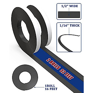 Magnetic Tape 2 Rolls 32ft Magnets with Strong Adhesive Backing Anisotropic Flexible Magnetic Strip(1rolls 16 feet x 1/2" Wide x 1/16" Thick)