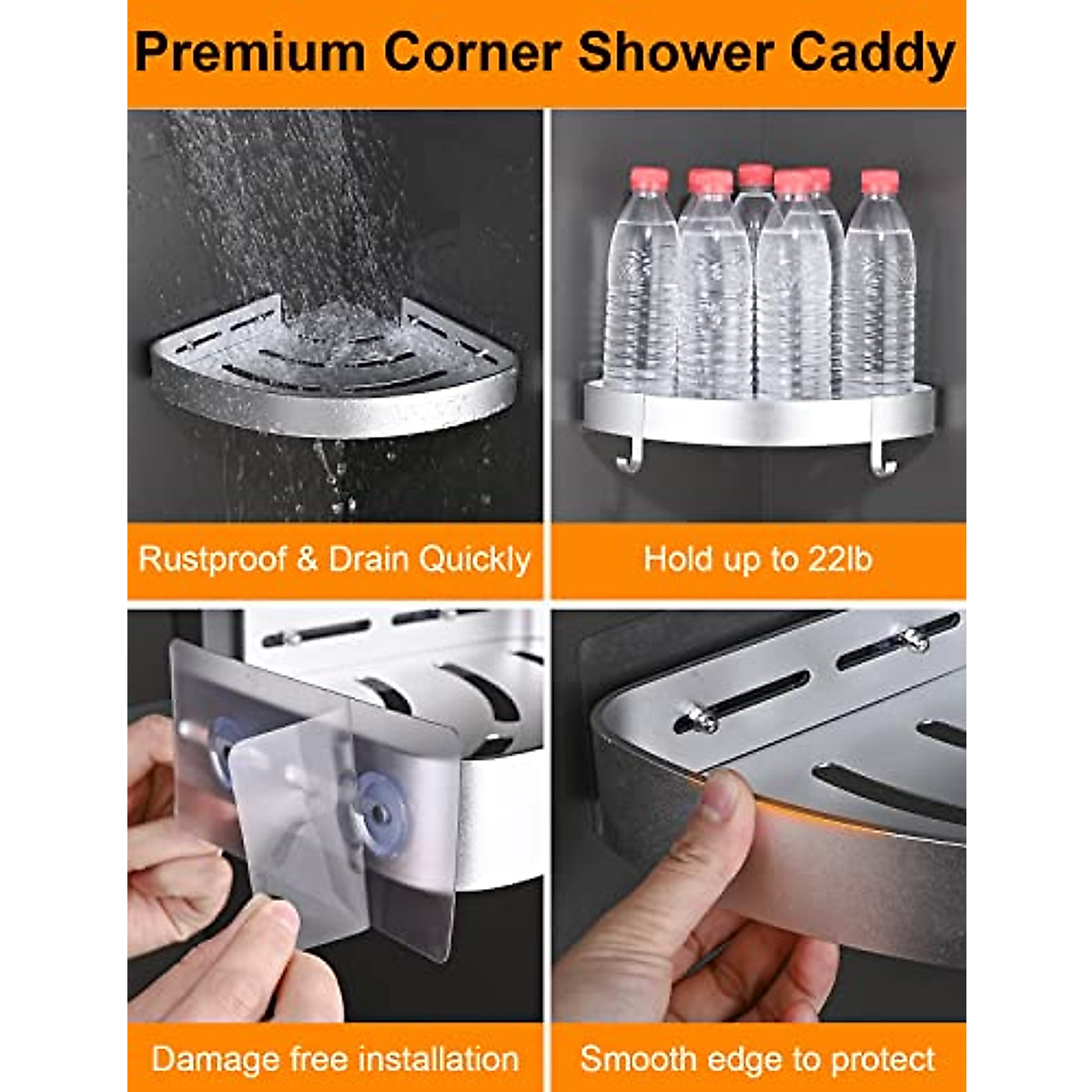 TRUSTLIFE Corner Shower Caddy 2-Pack - Adhesive Corner Shelf with Hooks for Inside Shower, No Drilling & Rustproof Shower Storage Rack for Bathroom, Wall Mount Bathtub Caddy Shelf Organizer - Silver