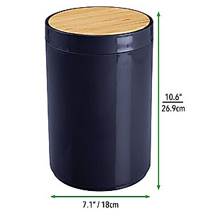 mDesign Plastic Round Trash Can Small Wastebasket, Garbage Bin Container with Swing-Close Lid, Kitchen, Bathroom, Home Office, Bedroom Basket; Holds Waste, Recycling,1.3 Gallon -Navy Blue/Natural